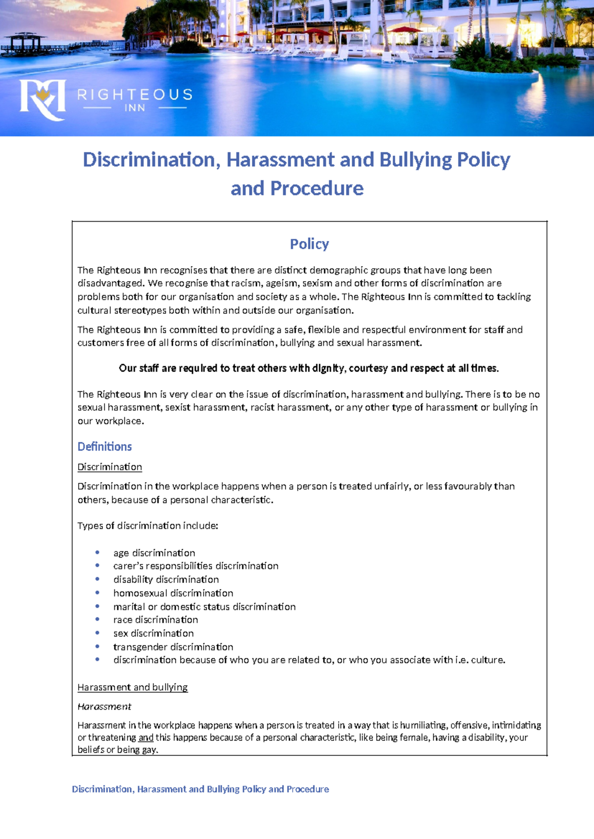 Righteous Inn - Discrimination, Harassment and Bullying Policy and ...