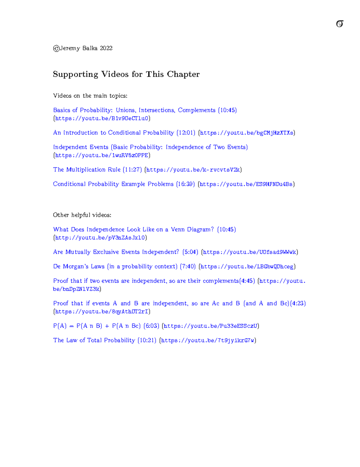 4. Probability - Lecture notes - ©Jeremy Balka 2022 Supporting Videos ...