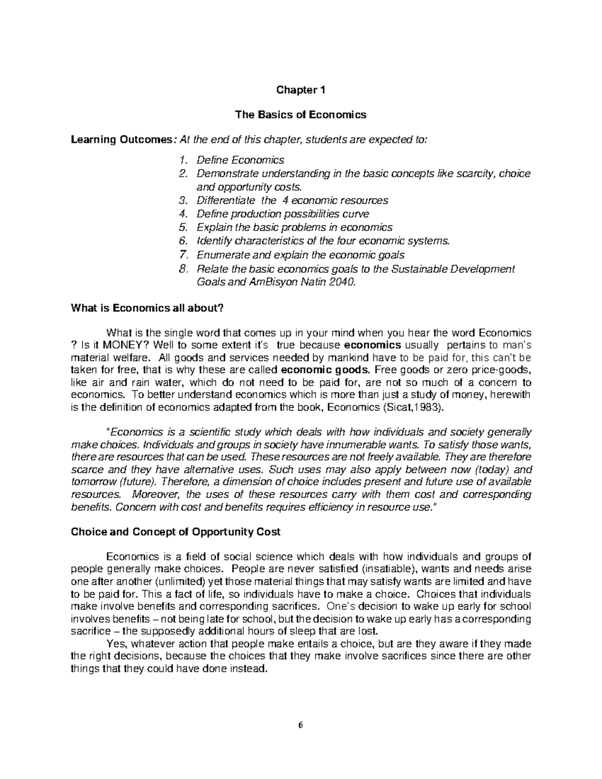 Intro Econ Chap1 - Chapter 1 The Basics of Economics Learning Outcomes: At the end of this ...