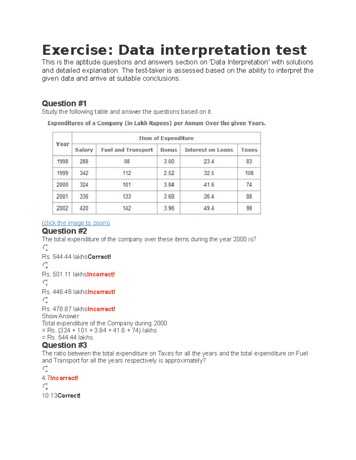 Data intrepetion - mca - Exercise: Data interpretation test This is the ...