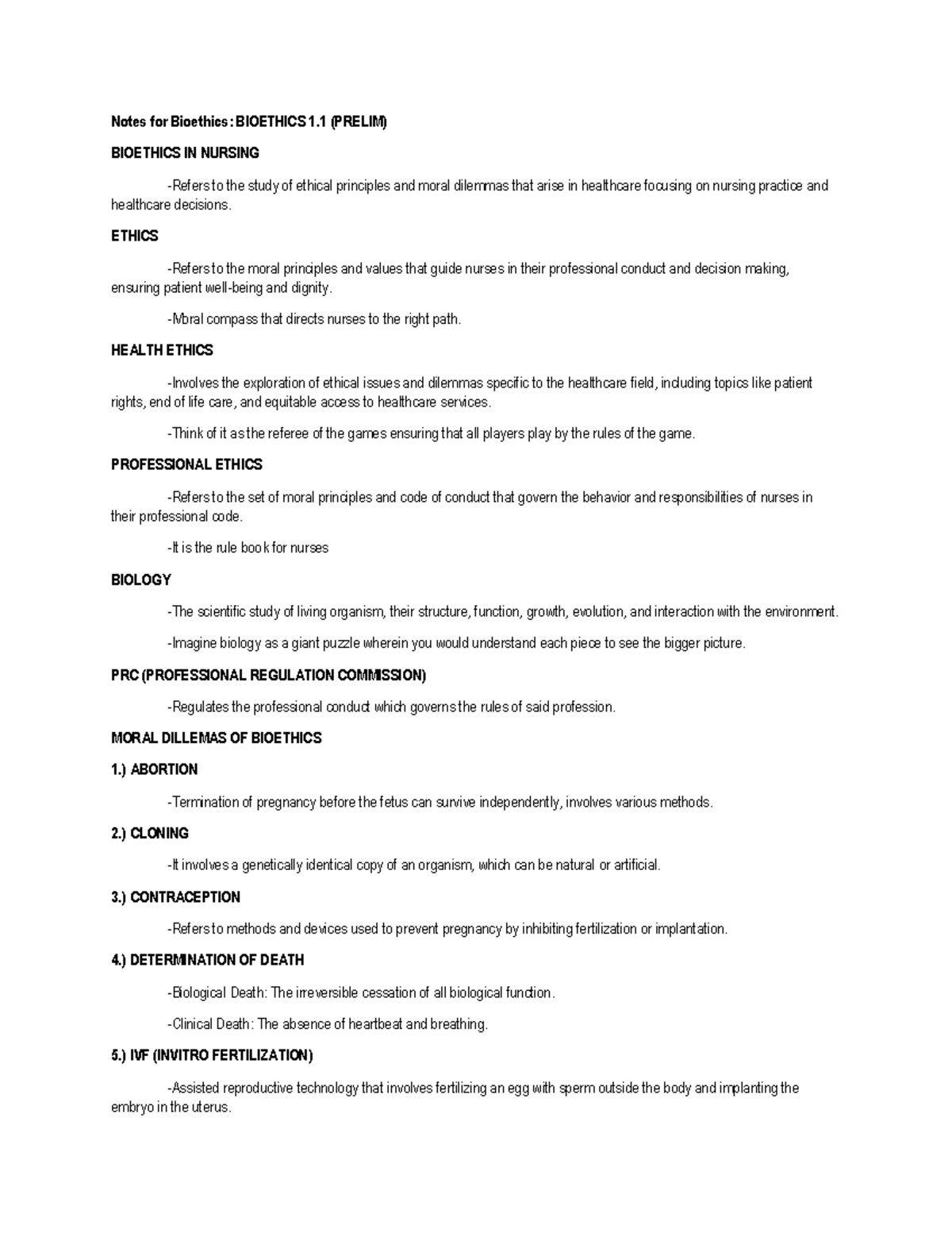 Notes for Bioethics PRE LIM - Notes for Bioethics: BIOETHICS 1. 1 ...