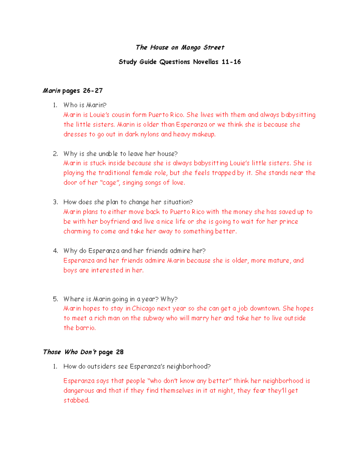 The House on Mango Street Study Guide Ques 3 Answers - The House on ...