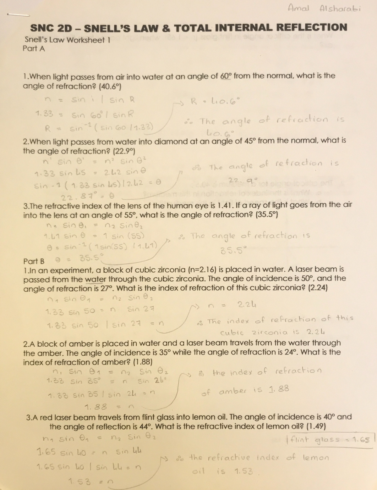 Snell’s law and TIR - Grade 10 physics unit - SNC1D - Studocu