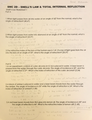 Snell’s law and TIR - Grade 10 physics unit - SNC1D - Studocu