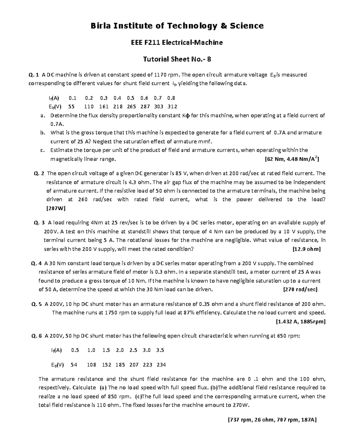 Tutorial Sheet 8 - Birla Institute of Technology & Science EEE F211 ...
