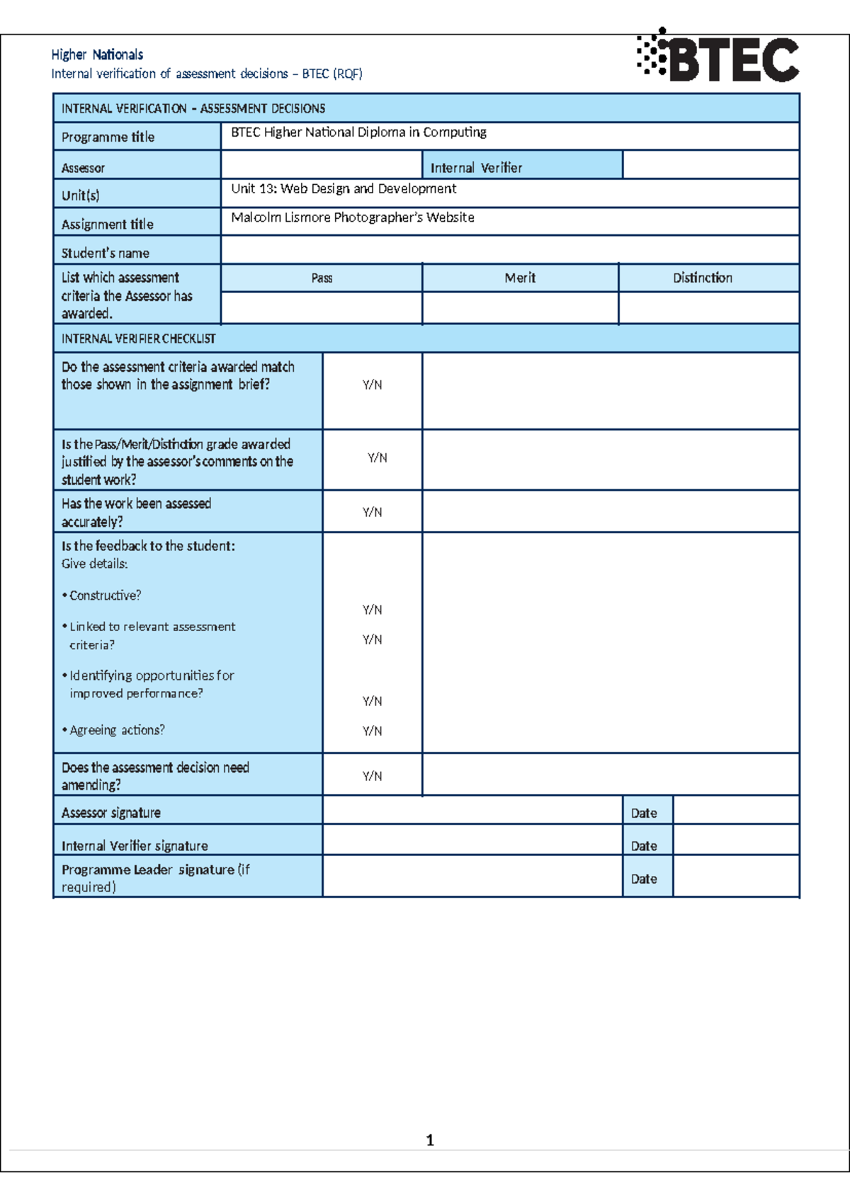 WDD - WDD assignment Broef - Higher Nationals Internal verification of assessment decisions ...