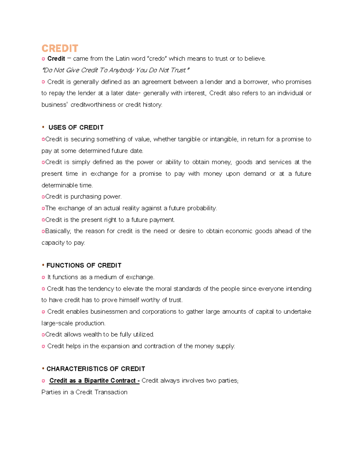 FIN 008 Notes - Finance - CREDIT Credit – came from the Latin word ...