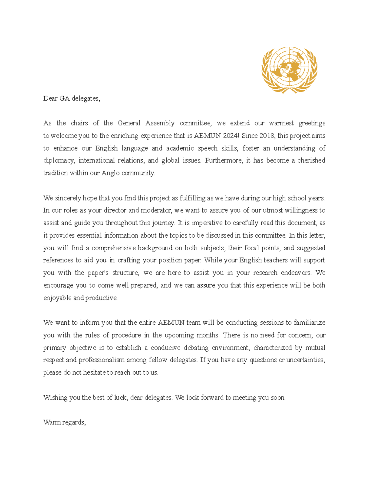 Welcome Letter Aemun 2024 - Dear GA delegates, As the chairs of the ...