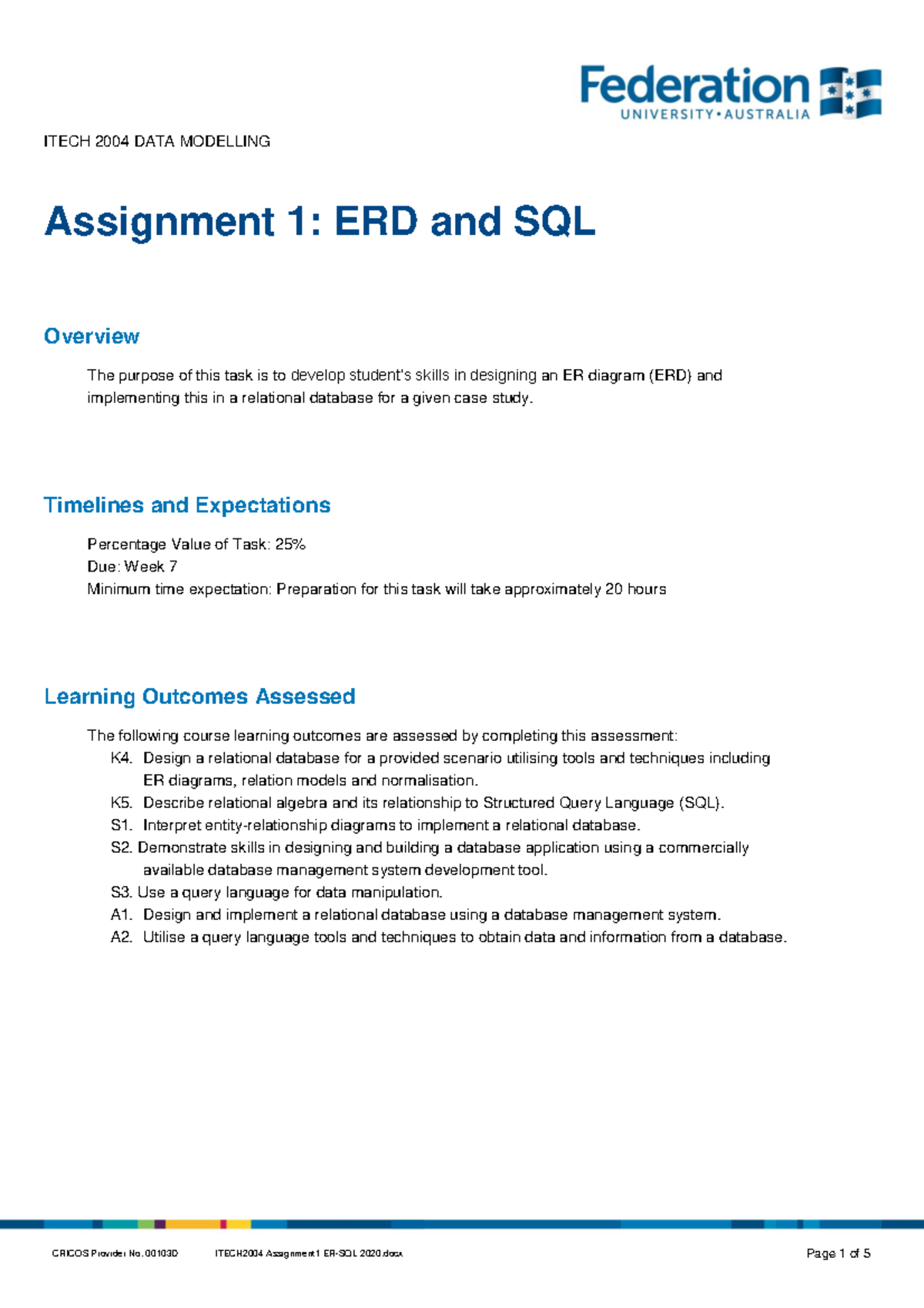 Itech2004 Assignment 1 Er Sql 2020 Assignment 1 Erd And Sql Overview