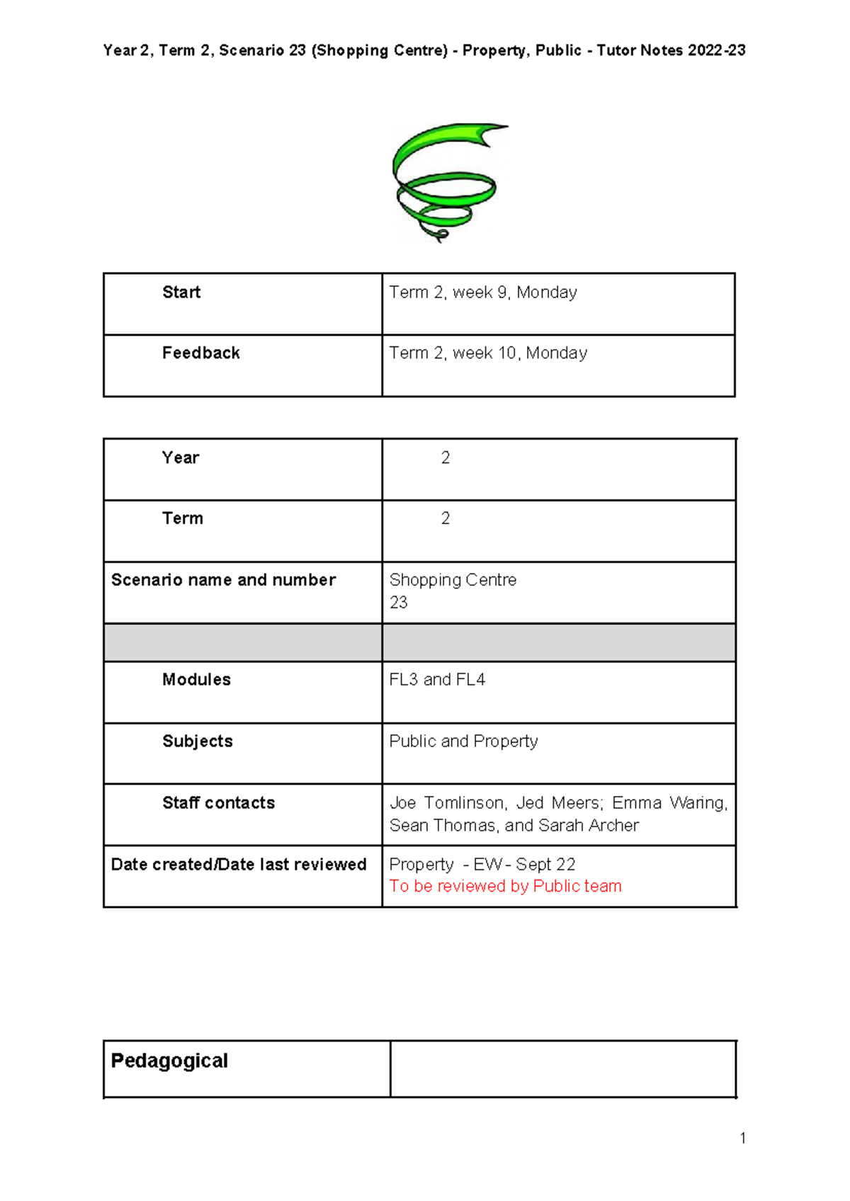 Y2 Scenario 23 (Shopping Centre) TN 2022-23 - Start Term 2, week 9, Monday Feedback Term 2, week ...