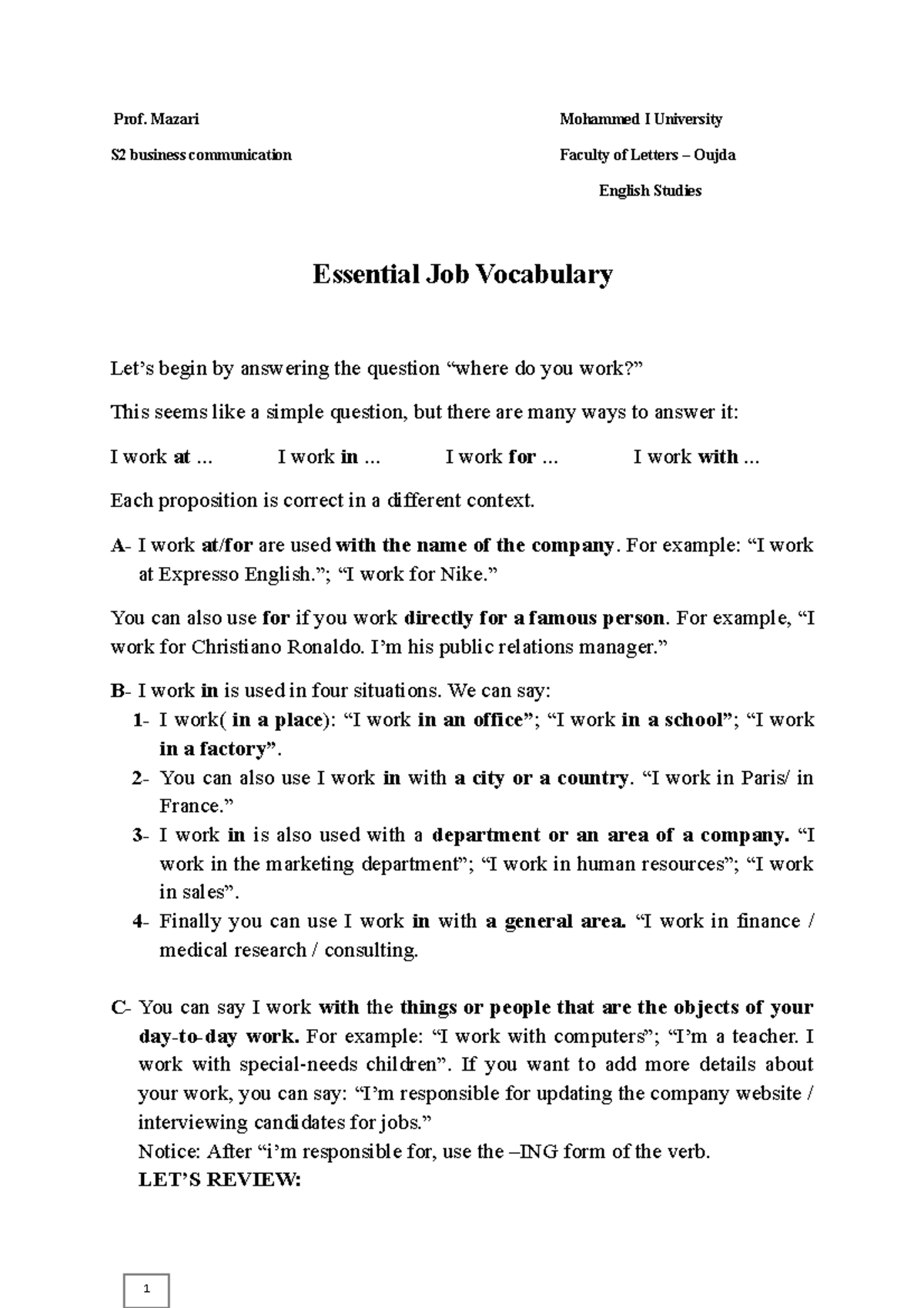 Business communication lesson 1 Essential Job Vocabulary - Prof. Mazari ...