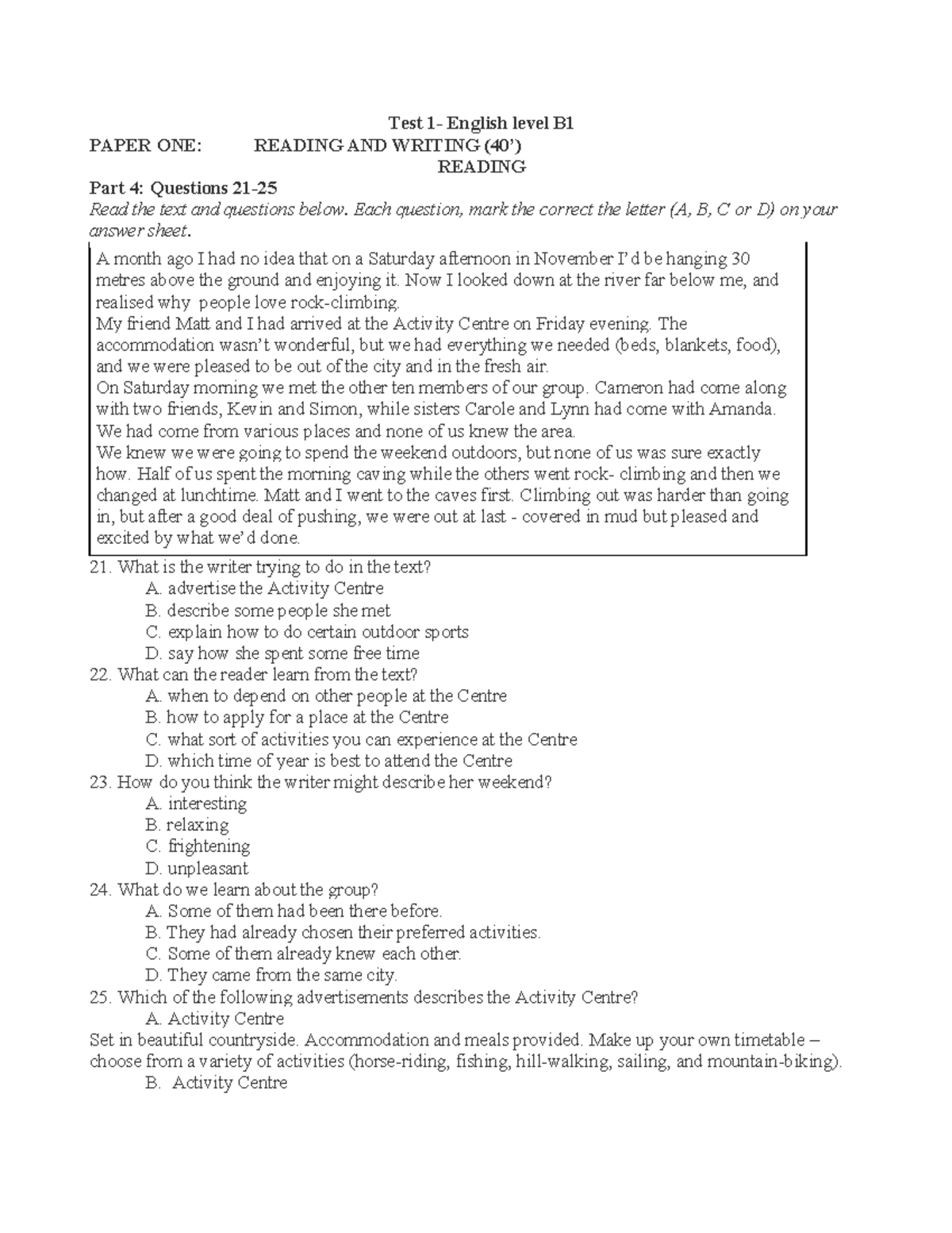 E3 -Pre-Test 1 - dfbdfb rg - Test 1- English level B PAPER ONE: READING ...