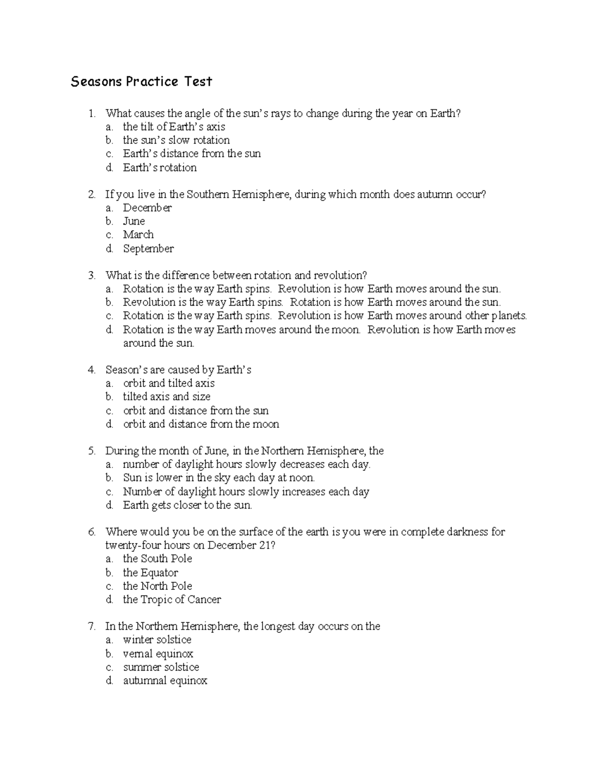 Seasons Practice Test - none - Seasons Practice Test What causes the ...