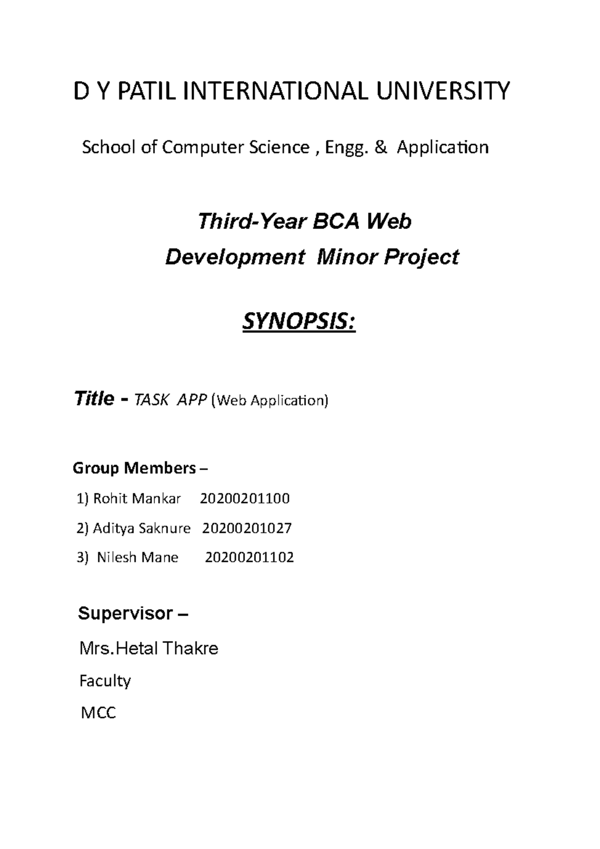 Synopsis - D Y PATIL INTERNATIONAL UNIVERSITY School of Computer ...