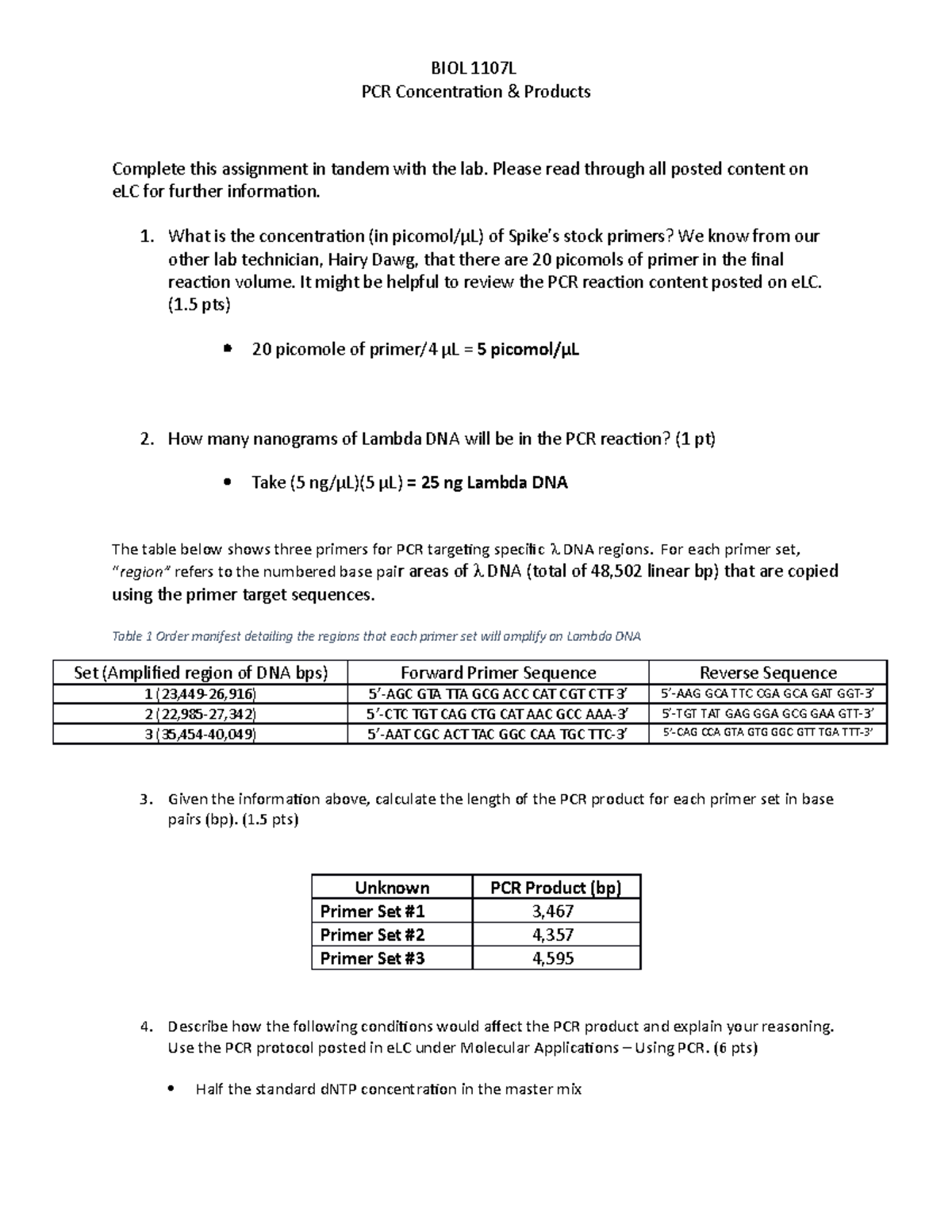 1107LWk8 - Lab - BIOL 1107L PCR Concentration & Products Complete this ...