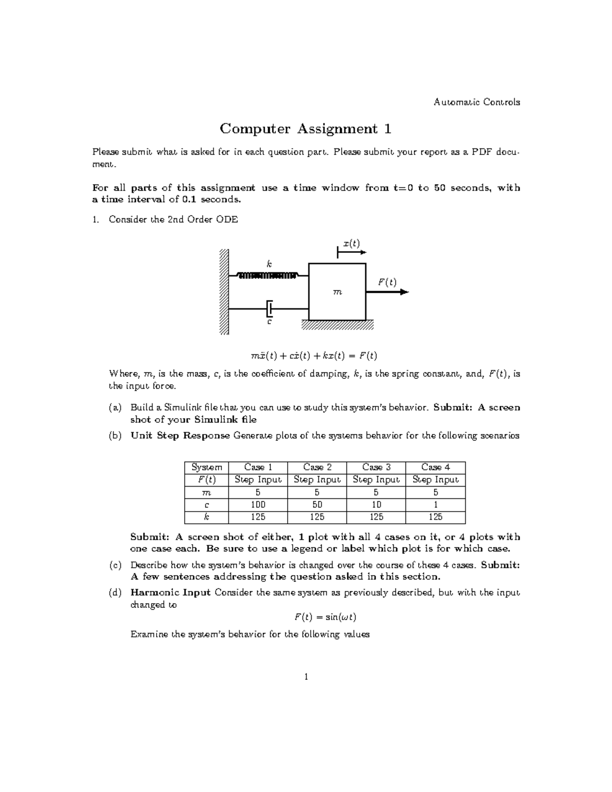 Computer Assignment 1 Automatic Controls Automatic Controls Computer