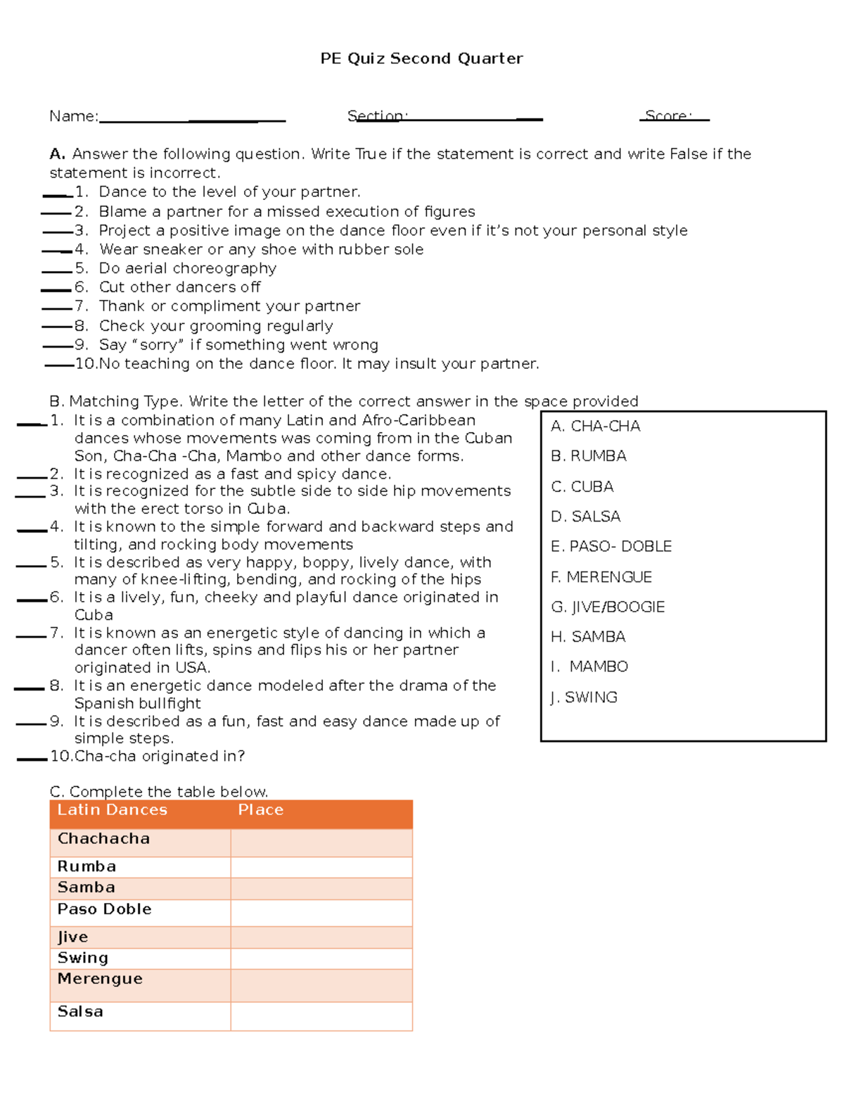 PE 20QUIZ 202ND 20 Quarter - PE Quiz Second Quarter Name: Section ...