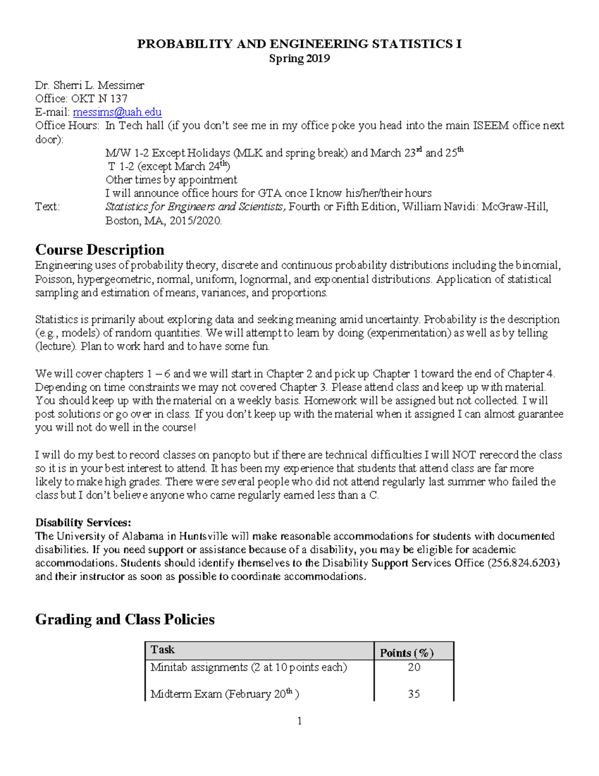 Syllabus 390 - PROBABILITY AND ENGINEERING STATISTICS I Spring 2019 Dr ...
