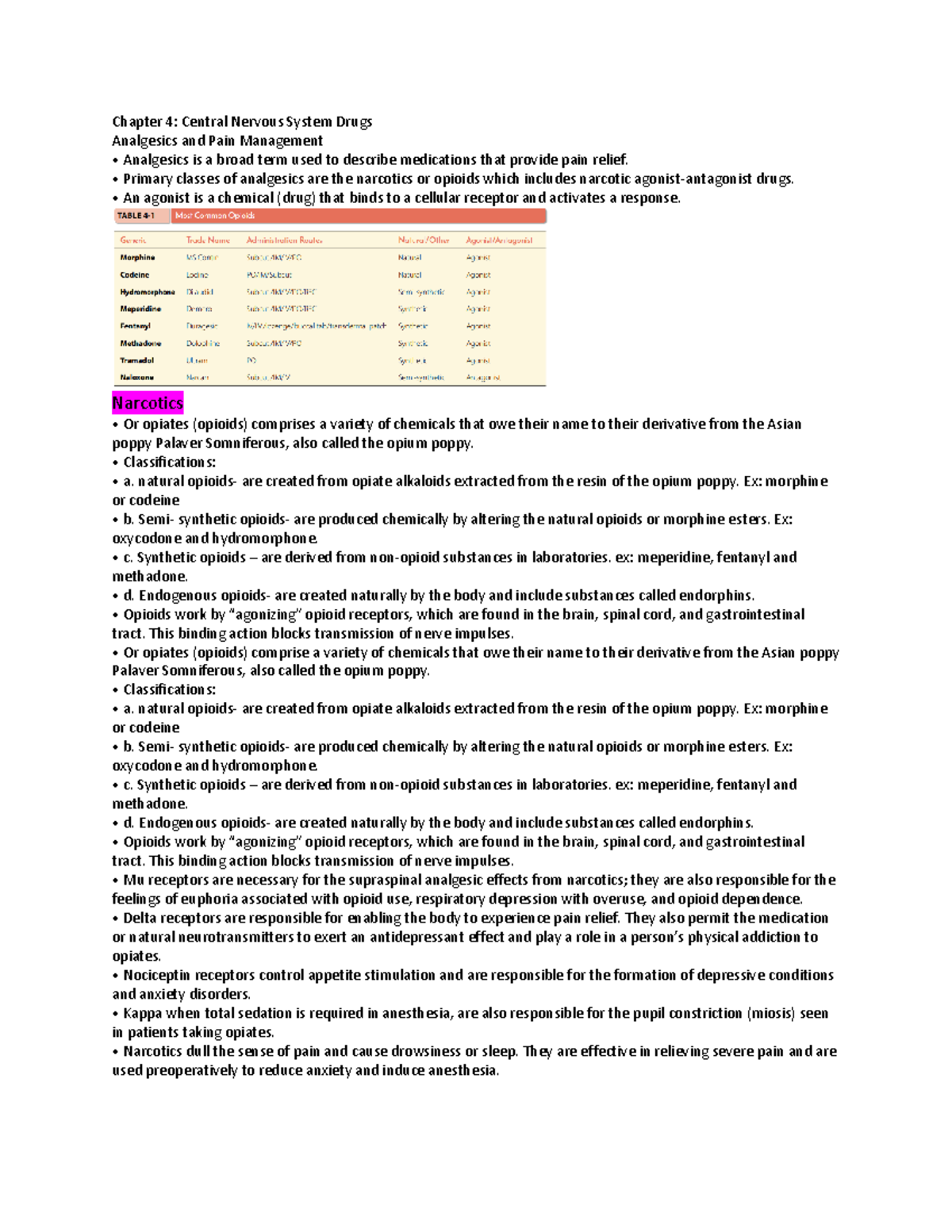 Nursing Notes 6 - Chapter 4: Central Nervous System Drugs Analgesics ...