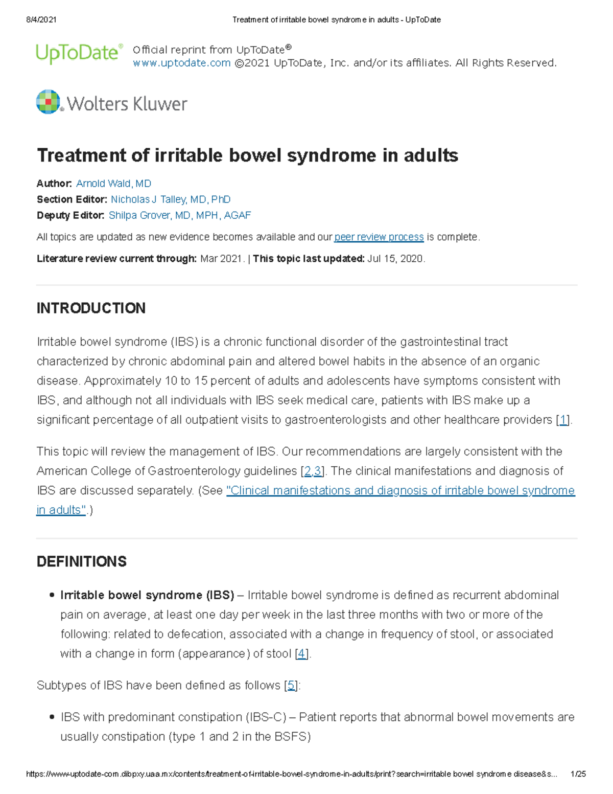 Treatment of irritable bowel syndrome in adults - Up To Date - - Studocu