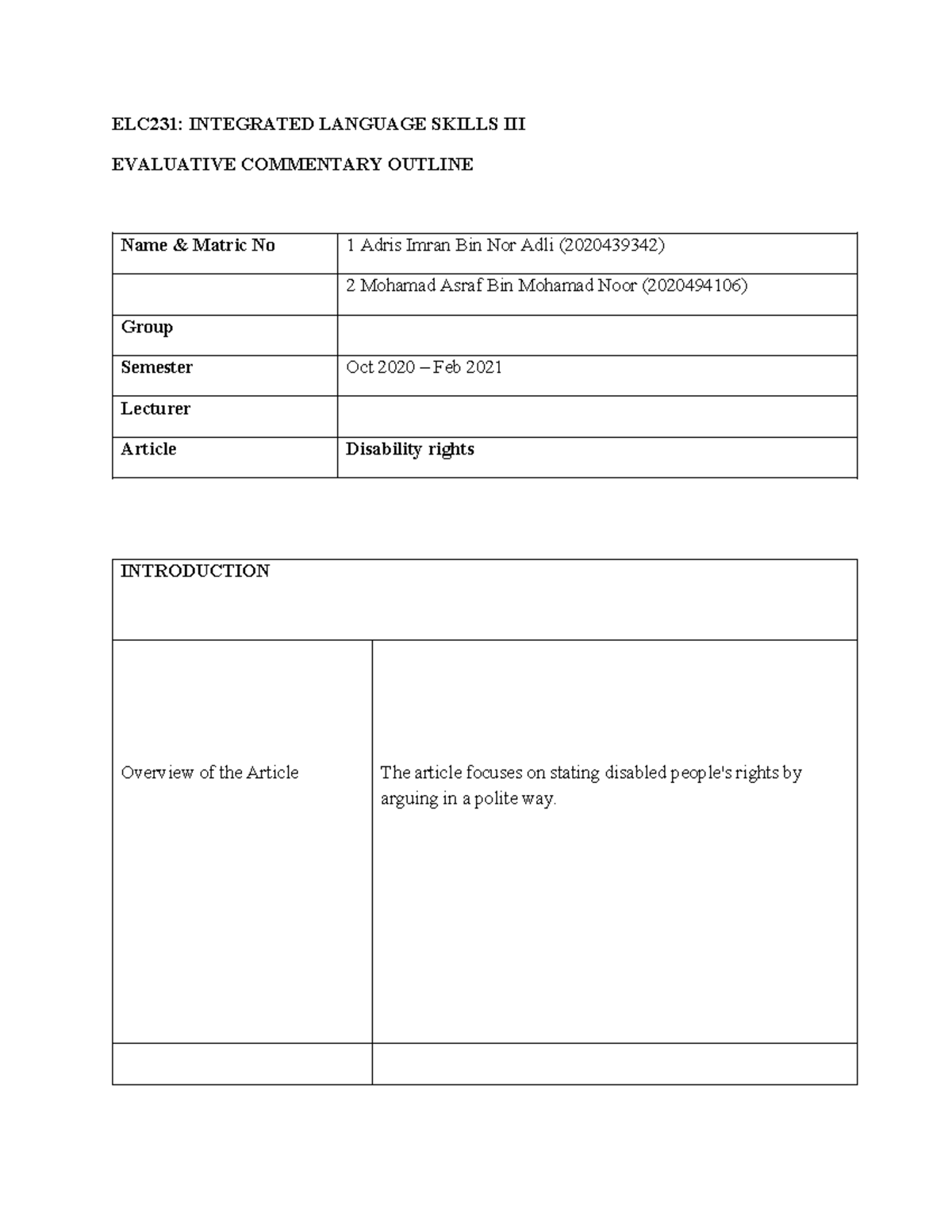 Asraf Noor - Evaluative Commentary Template - ELC231: INTEGRATED ...