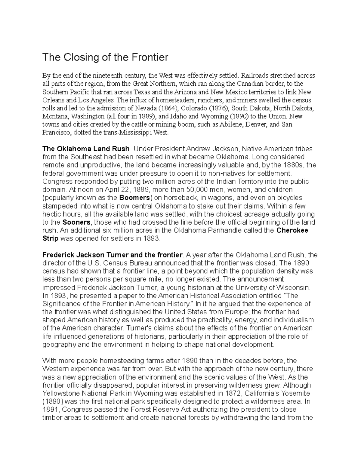 History 21 - notes - The Closing of the Frontier By the end of the ...