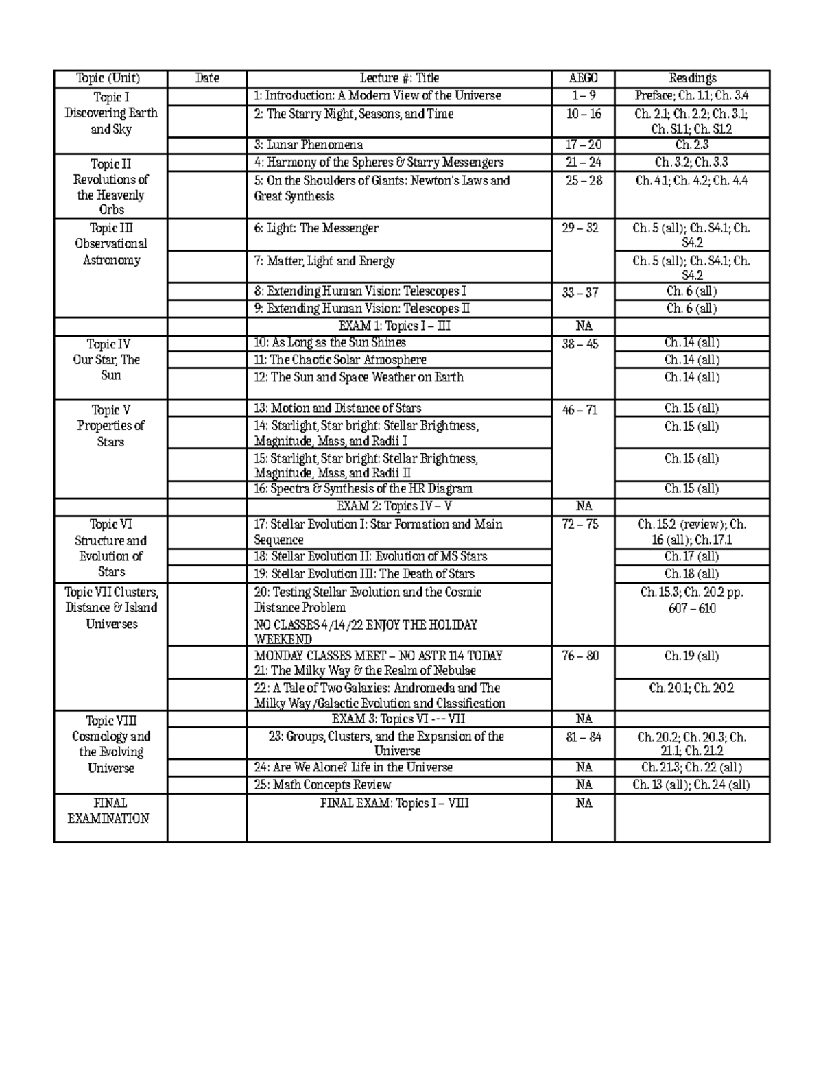 Schedule breakdown of course for astronomy - ASTR 114 - BU - Studocu