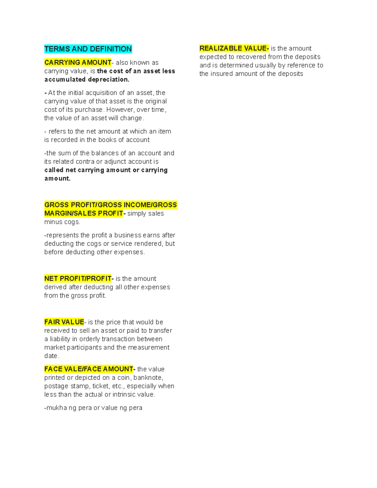 Definition AND Terms - TERMS AND DEFINITION CARRYING AMOUNT - also ...