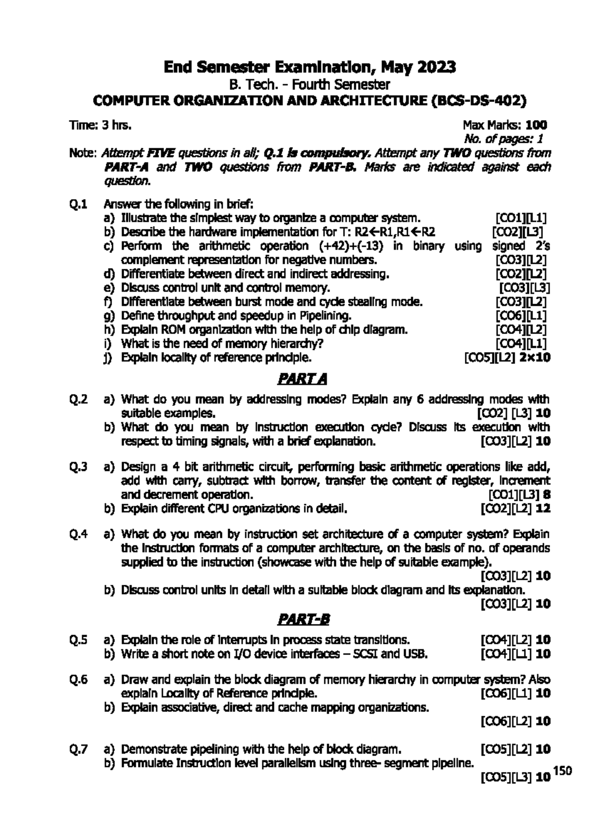 Coa pyq - question paper - Computer Oraganisation and architecture ...