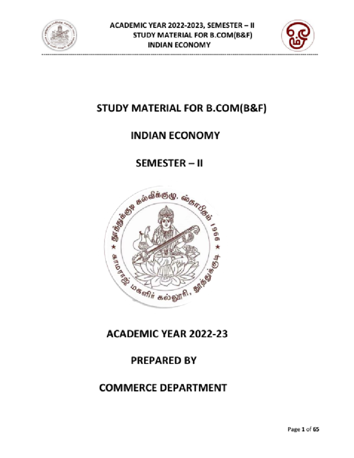 Indian economy - ACADEMIC YEAR SEMESTER II STUDY MATERIAL FOR INDIAN ECONOMY STUDY MATERIAL FOR ...