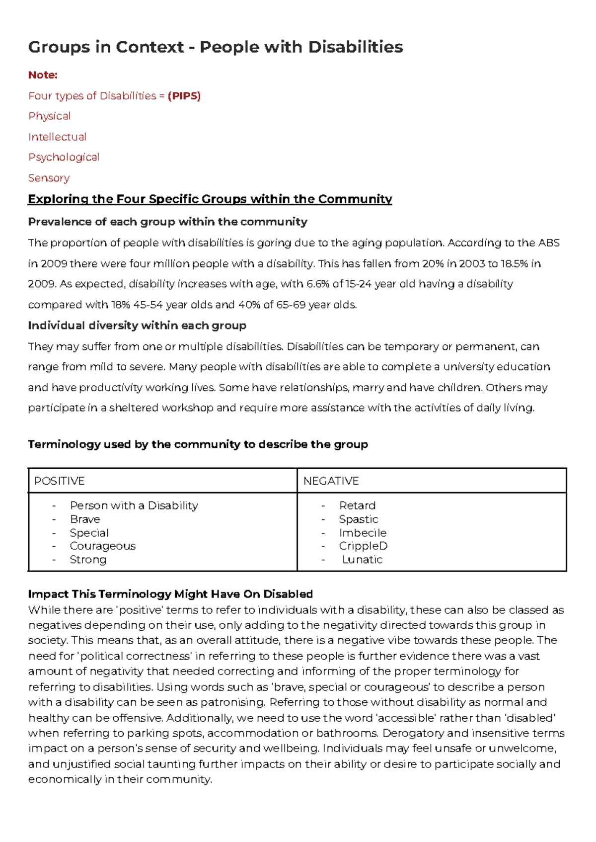 cafs notes - people with disability - Groups in Context - People with ...