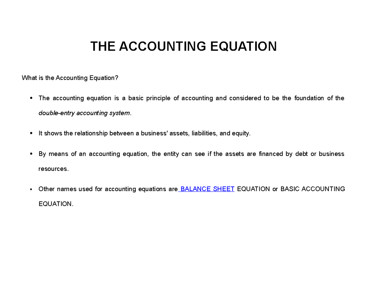 Accounting Equation - Advance Accounting - Studocu