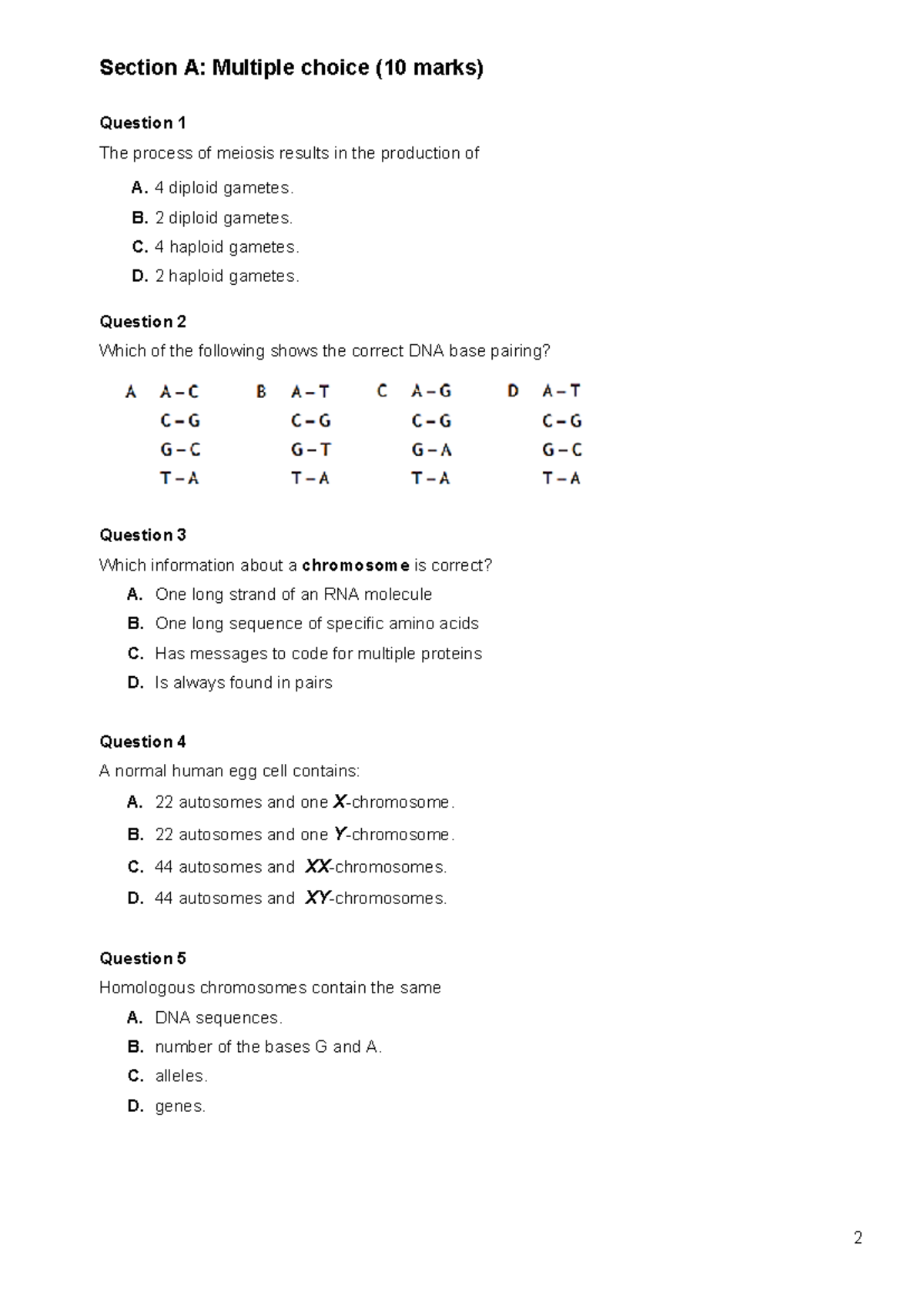 Genetics practice test A-1 - Section A: Multiple choice (10 marks ...