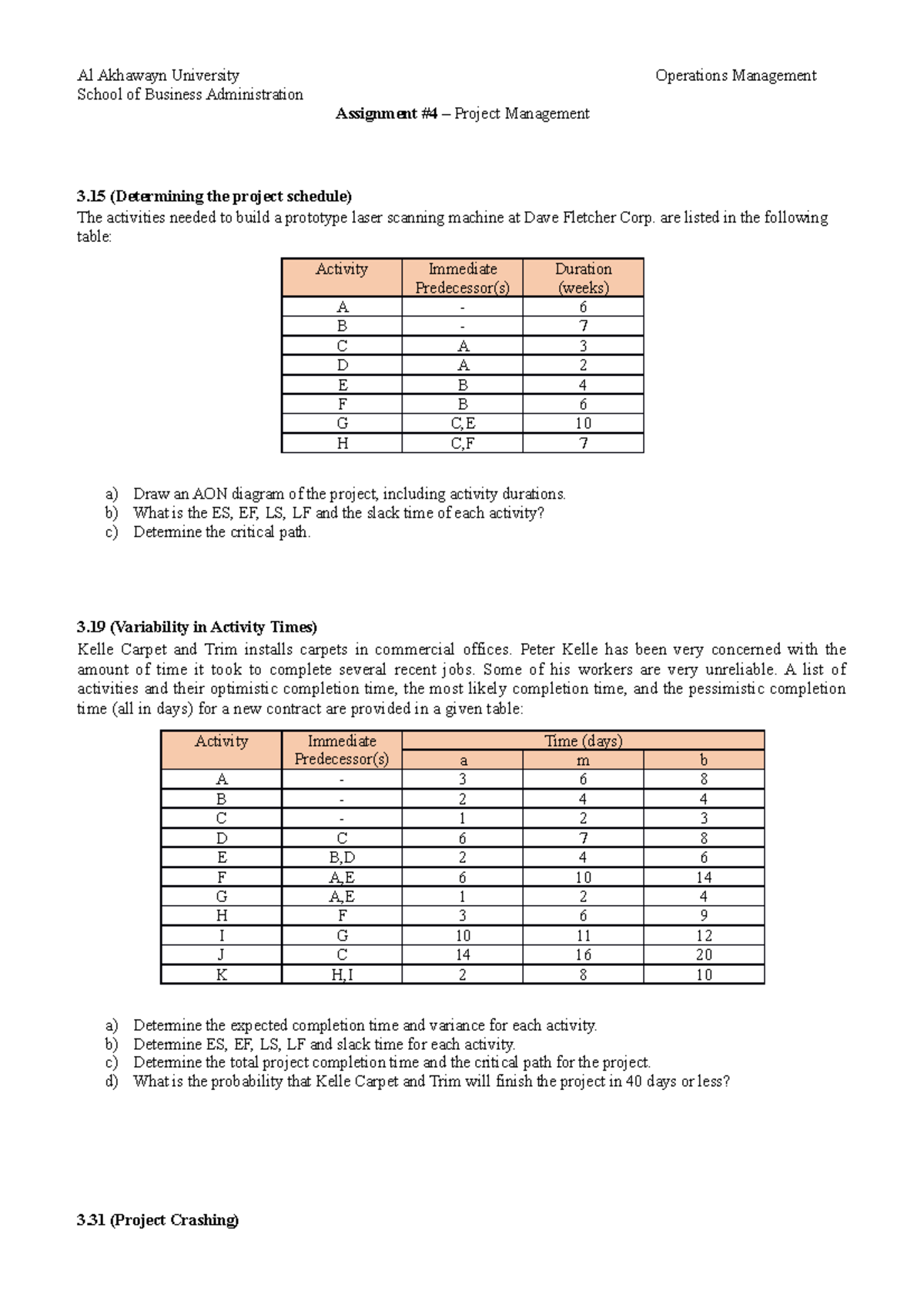 Project Management - Exercises - Al Akhawayn University Operations ...