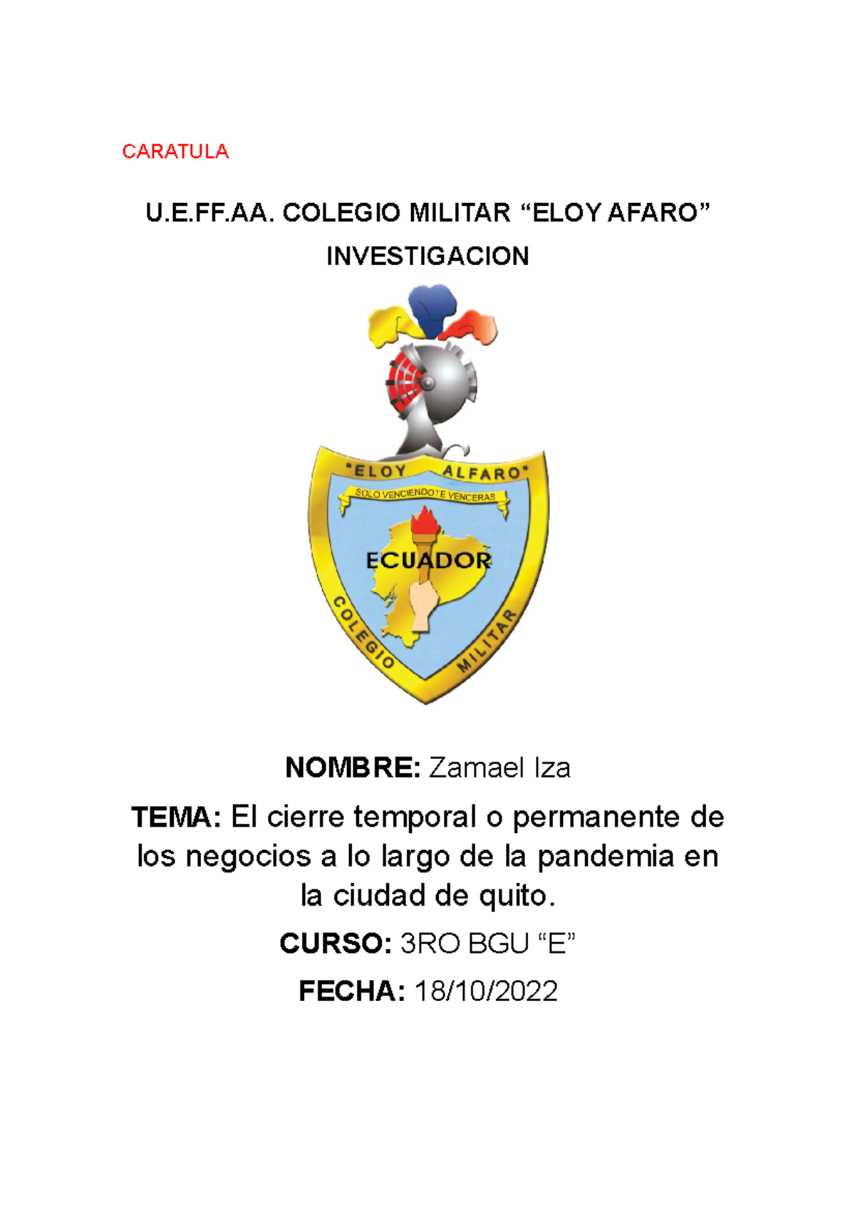 Deber - sdfghjkl - CARATULA U.E.FF. COLEGIO MILITAR “ELOY AFARO ...
