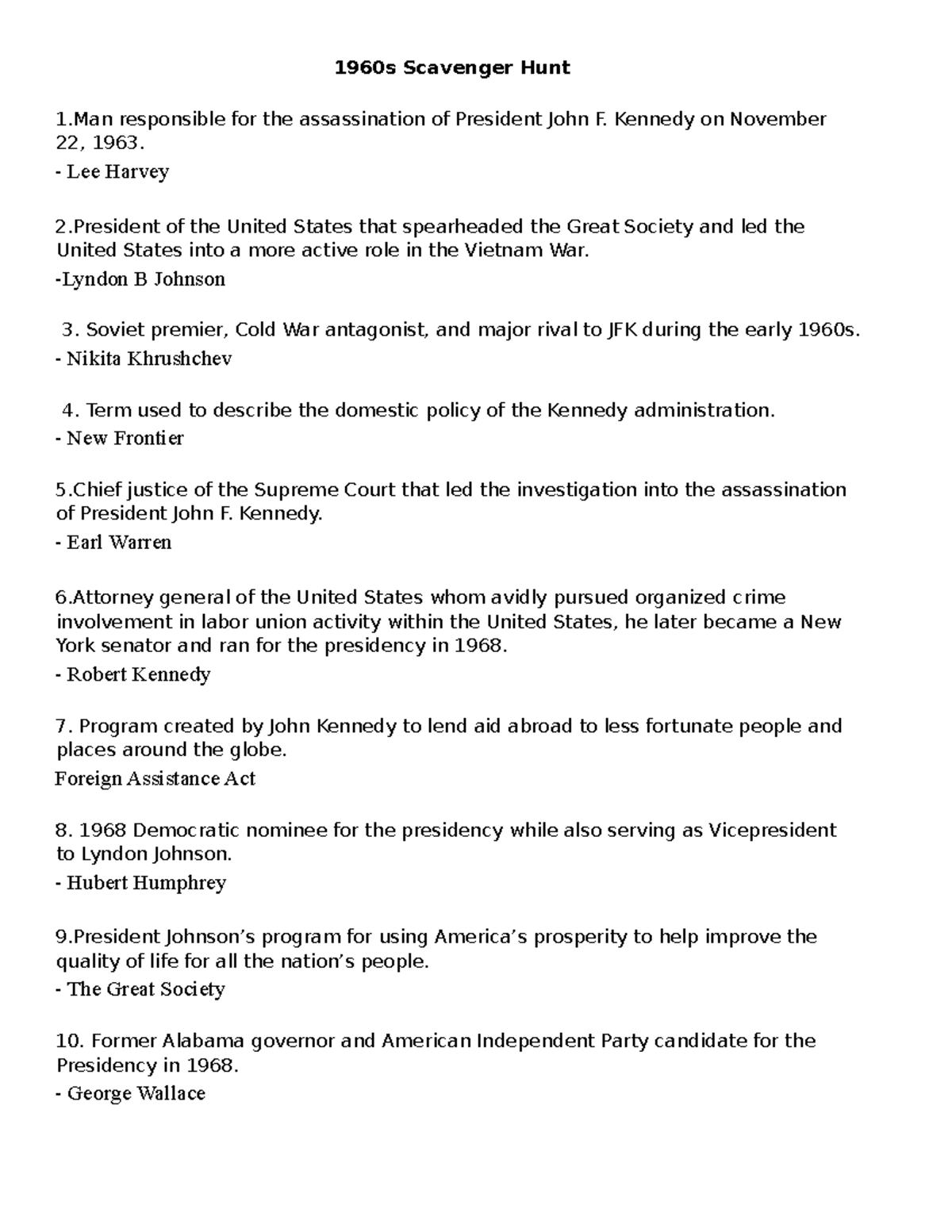 1960s Scavenger Hunt-1 - Kennedy on November 22, 1963. - Lee Harvey 2 ...