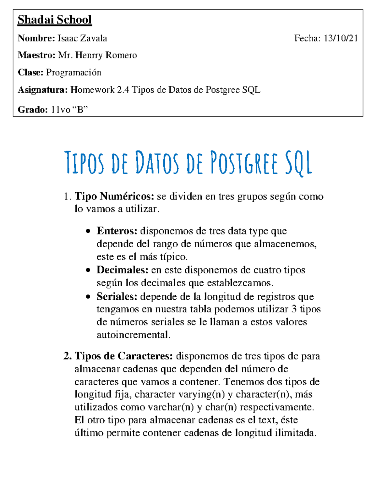 Tipos de Datos de Postgree SQL - Tipos de Datos de Postgree SQL Tipo ...
