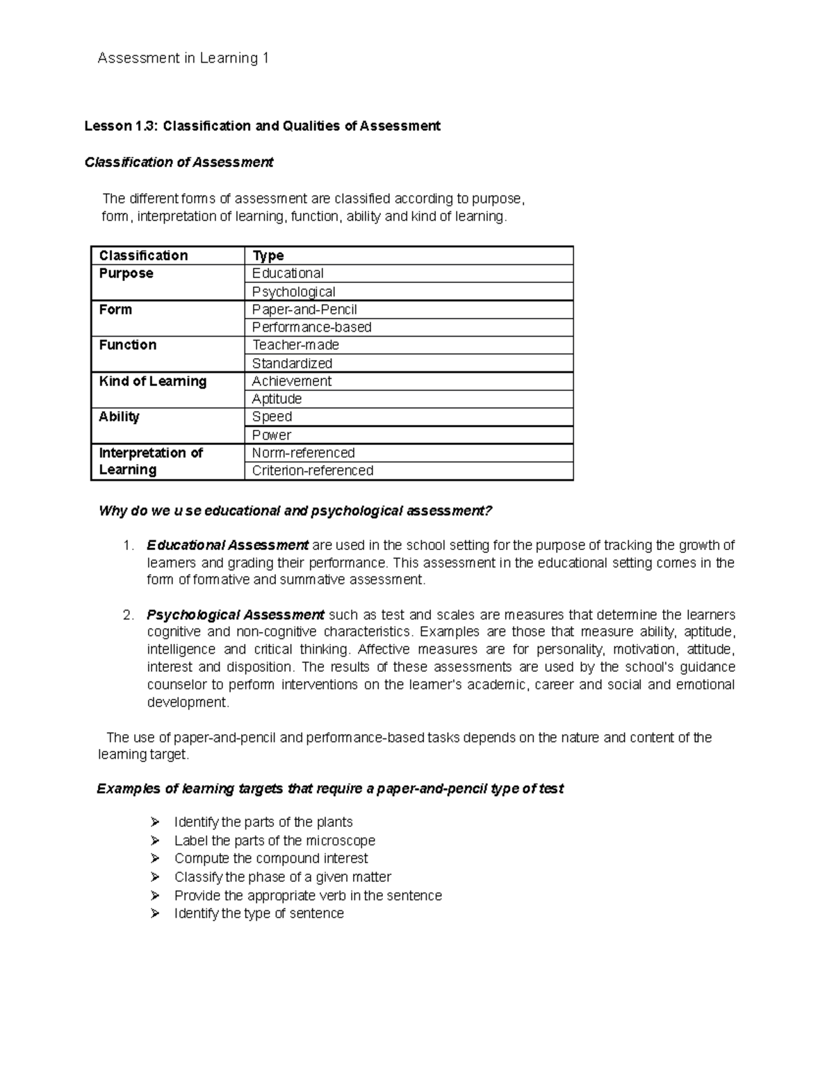 Lesson 1 3 Final Assessment In Learning 1 Assessment In Learning 1 Lesson 1 Classification