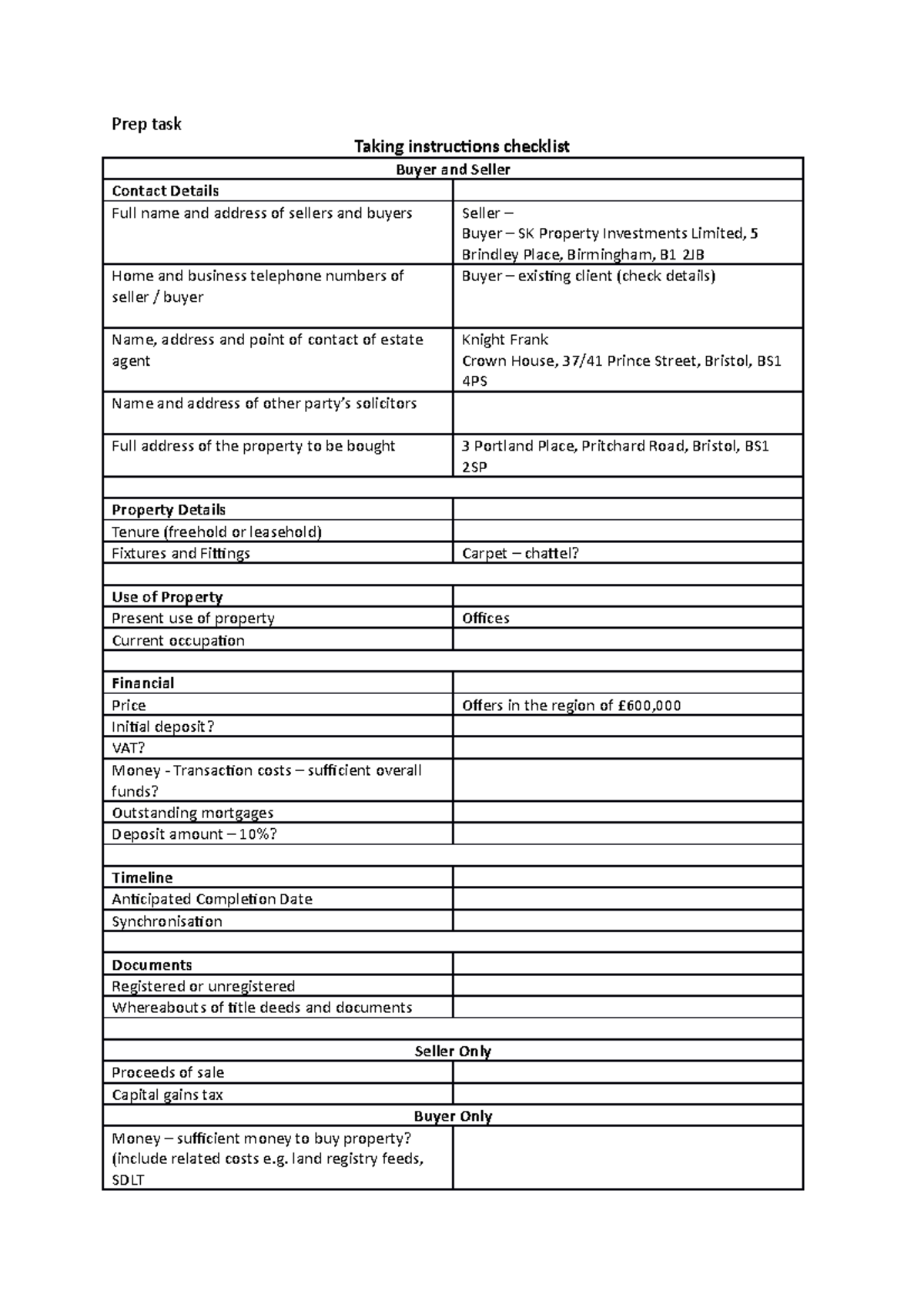 Real Estate WS3 - WS3 - Prep task Taking instructions checklist Buyer ...