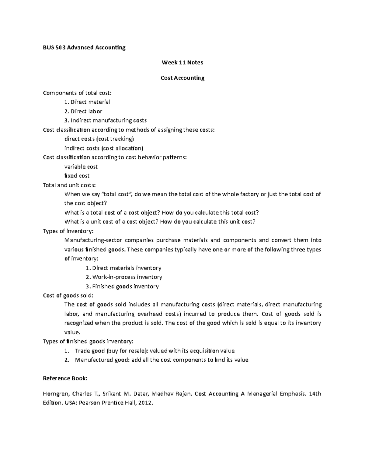 Week 11 - BUS 503 Advanced Accounting Week 11 Notes Cost Accounting ...
