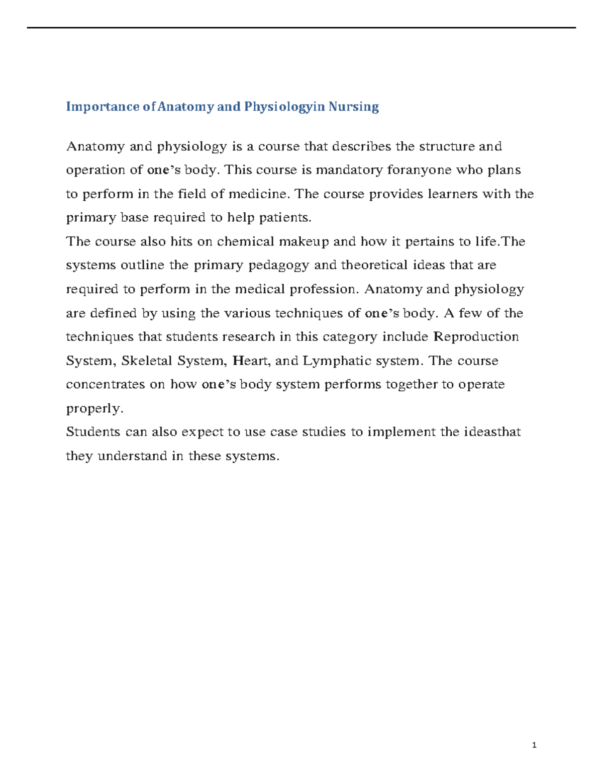 Importance Of Anatomy And Physiology In Nursing 1 Importance Of