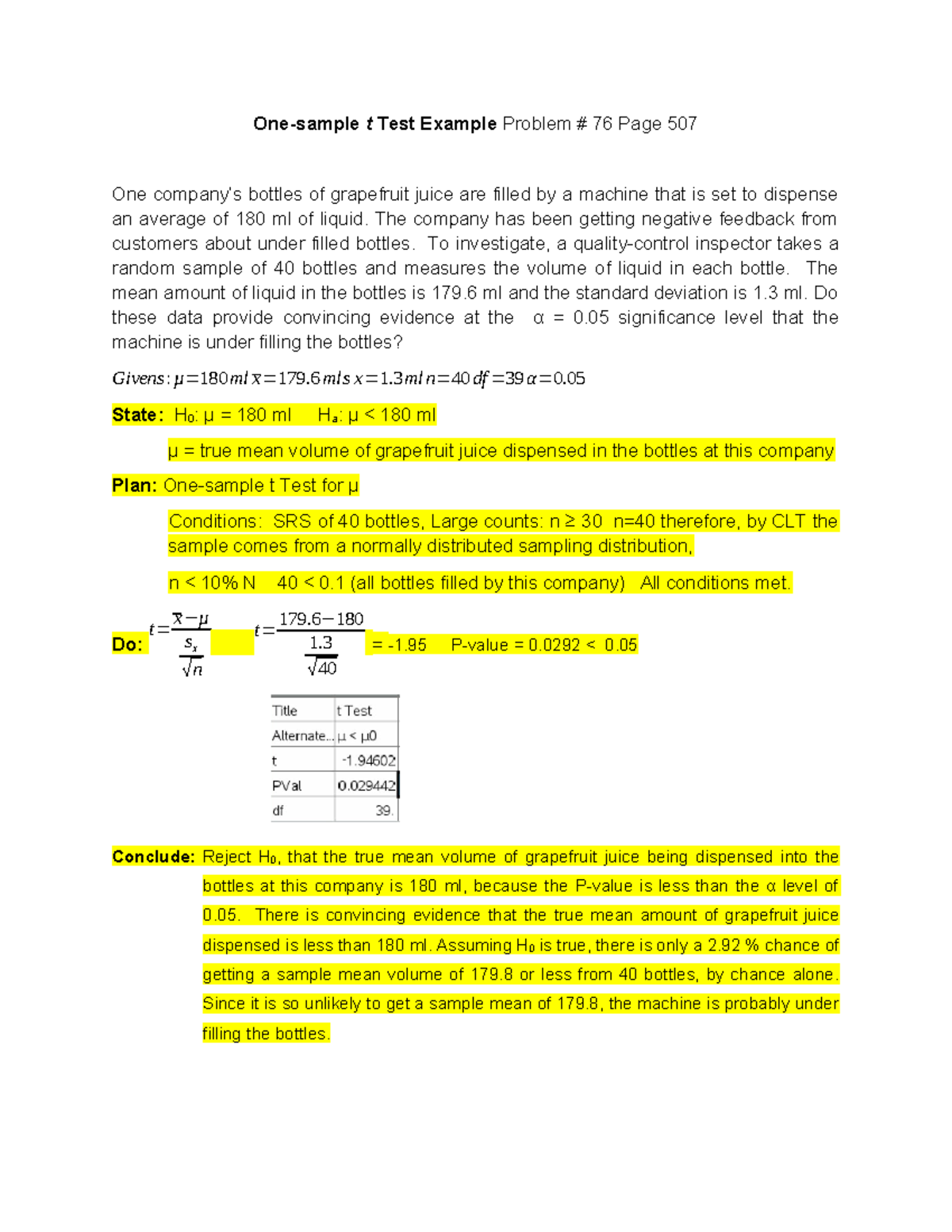 Prob 76 example on computer to show students - One-sample t Test ...