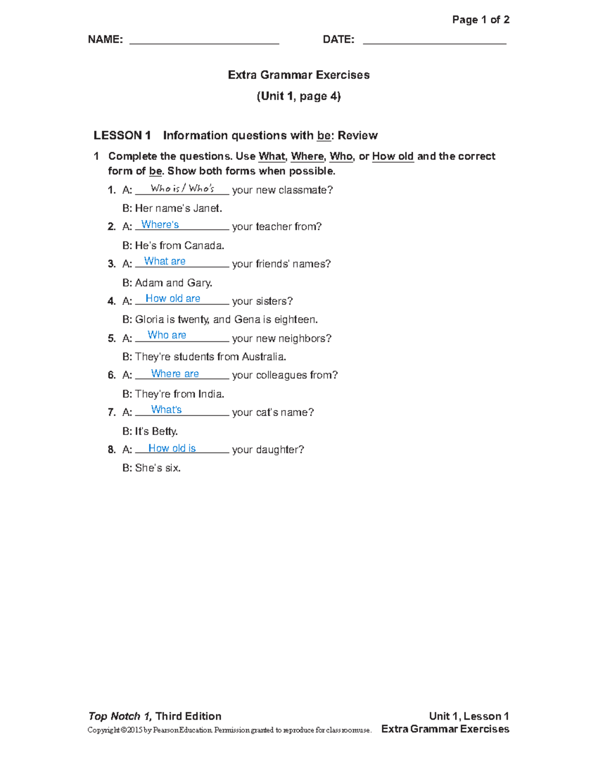 UNIT 01 Extra Gram Exercise - NAME: _________________________ DATE: ________________________ Top ...