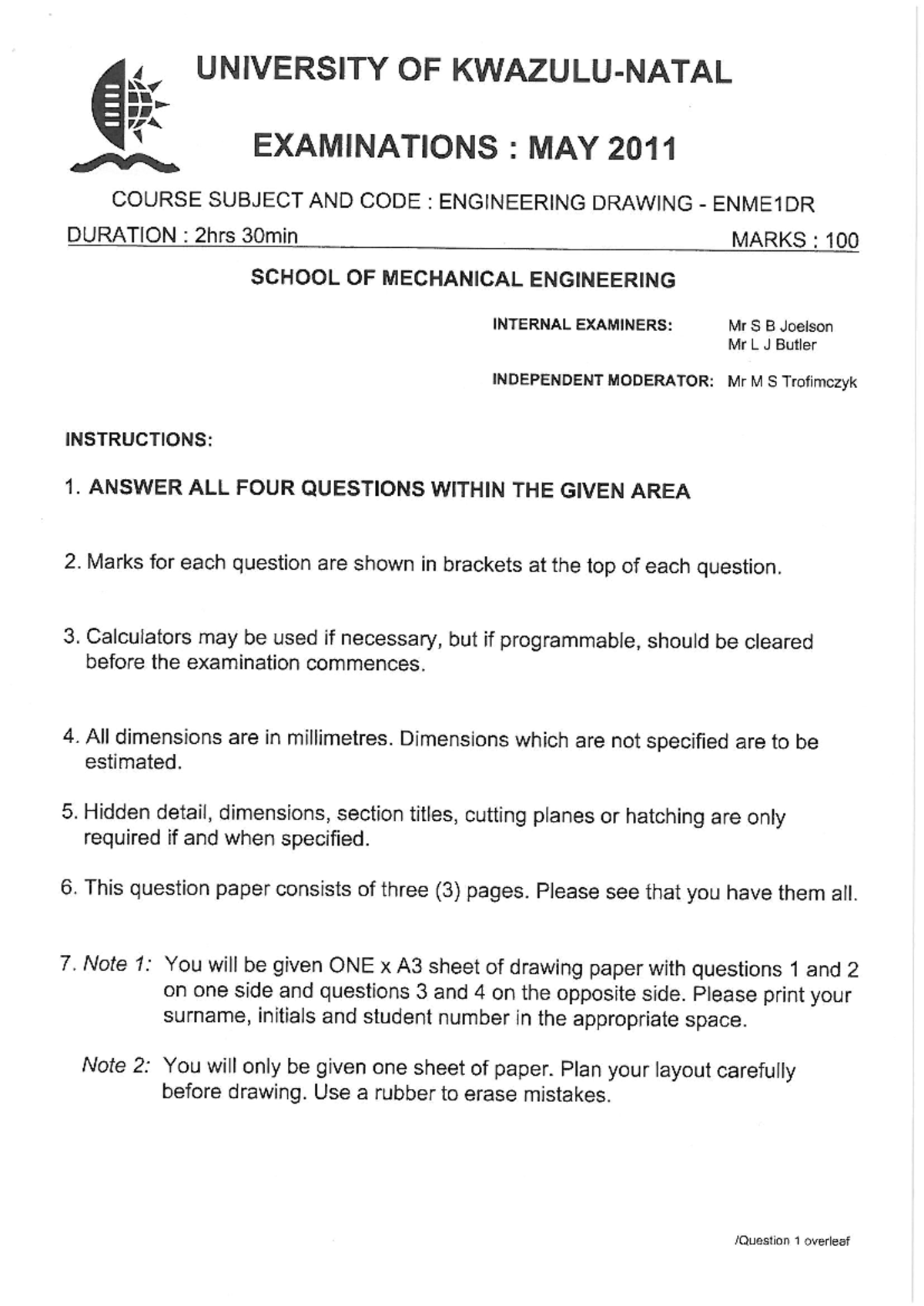 2011 - UNIVERSITY OF EXAMINATIONS : MAY 2011 COURSE SUBJECT AND CODE ...