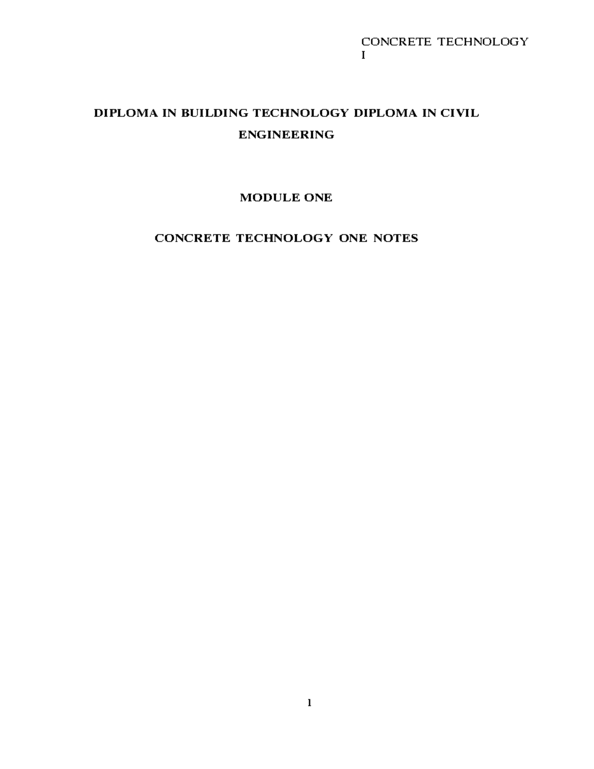 Concrete Technology ONE Notes - CONCRETE TECHNOLOGY I DIPLOMA IN ...