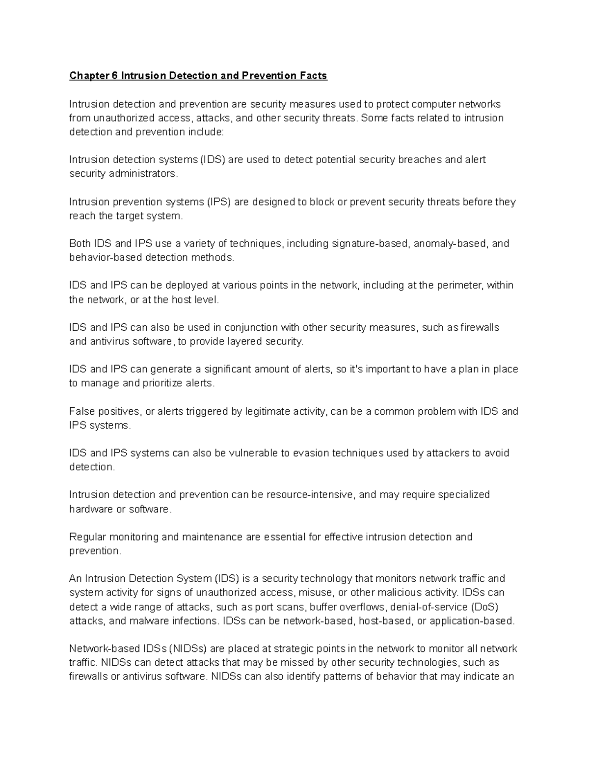 Chapter 6 Intrusion Detection and Prevention Facts - Some facts related ...