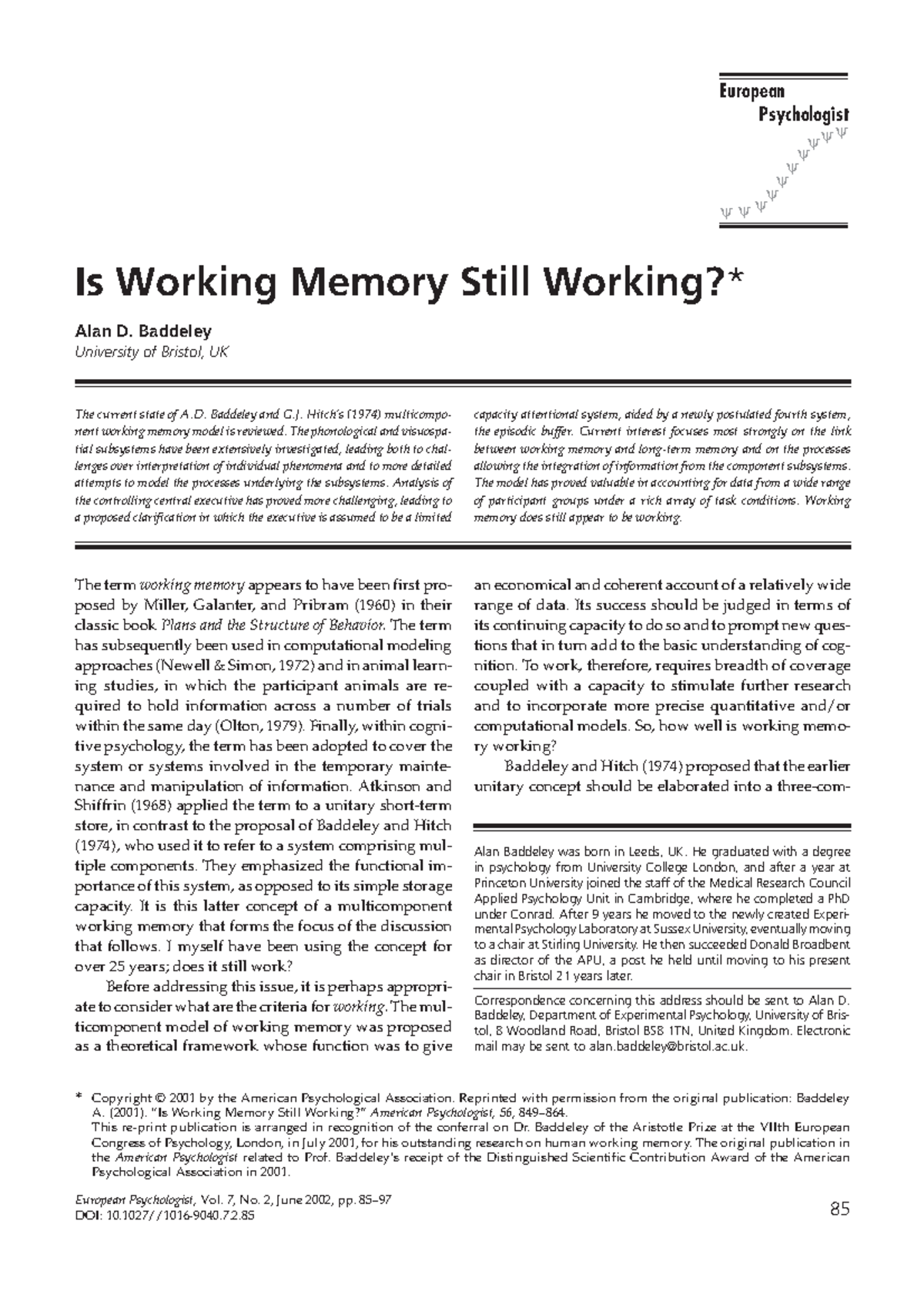 Baddeley 2002 Still Working - European Psychologist Alan D. Badd eley ...
