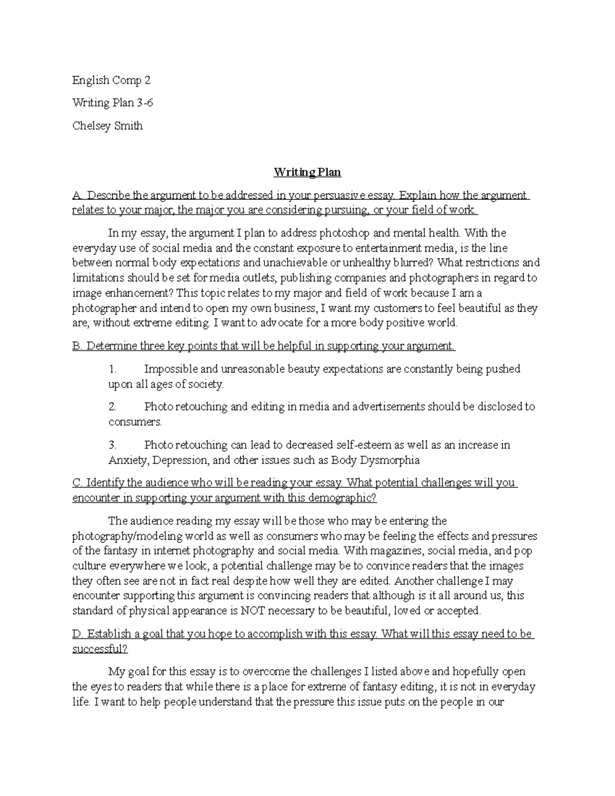 English Comp 2 writing plan - English Comp 2 Writing Plan 3- Chelsey ...