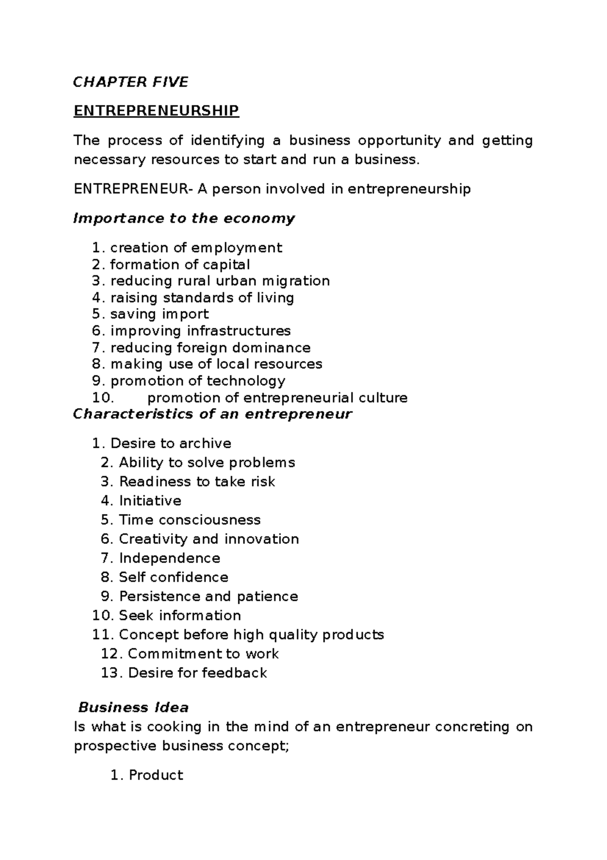 5. Entrepreneurship - CHAPTER FIVE ENTREPRENEURSHIP The process of ...