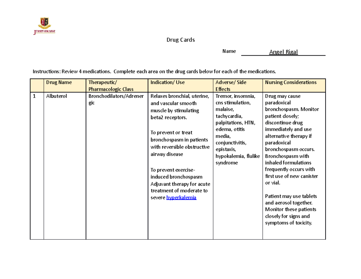 Week3 drug cards pharm part 2 - Drug Cards Name Angel Rigal ...